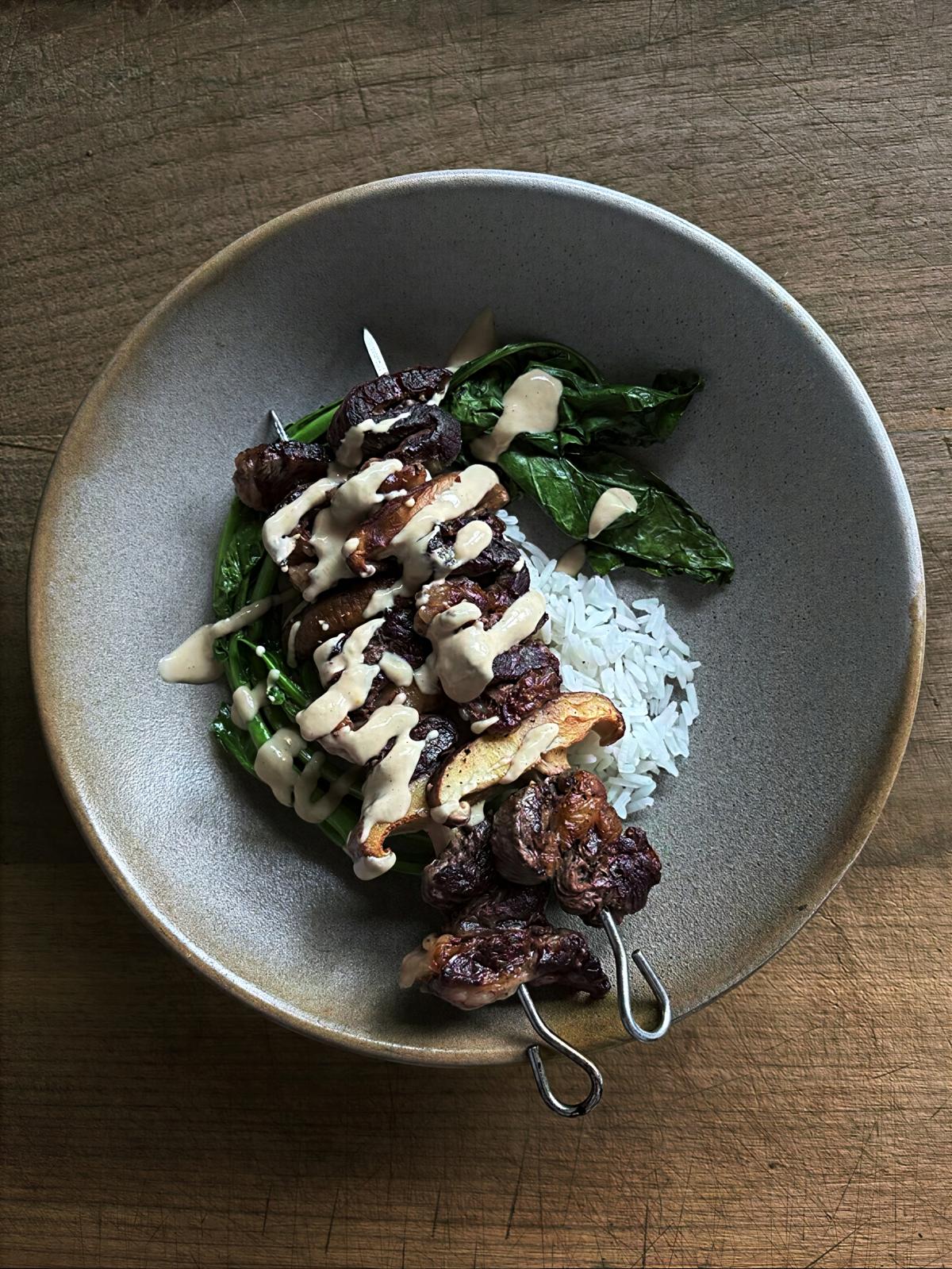 Beef skewers with miso and tahini dressing | The Saturday Paper